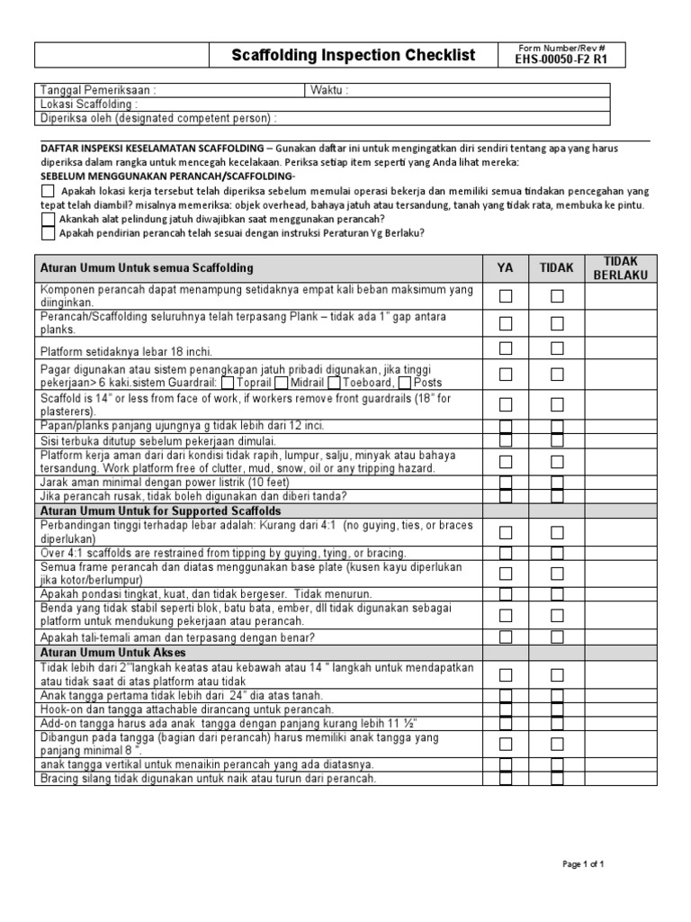 Scaffolding Inspection Checklist-1 | PDF