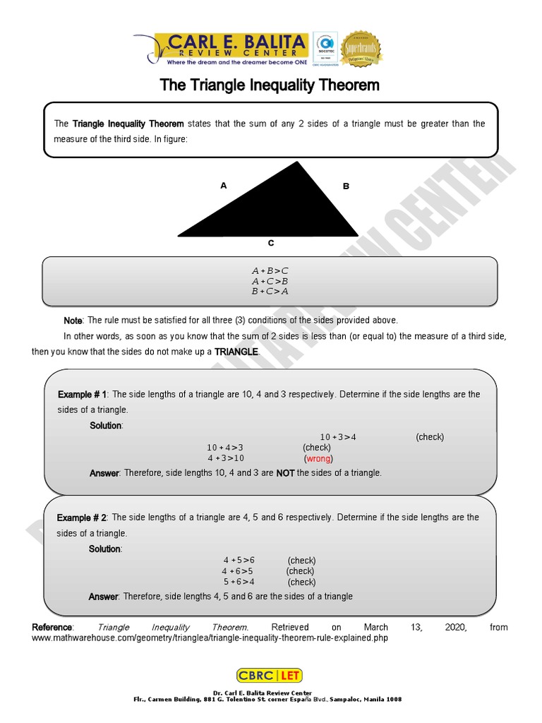 The Triangle Inequality Theorem: A+B C A+C B B+C A | PDF