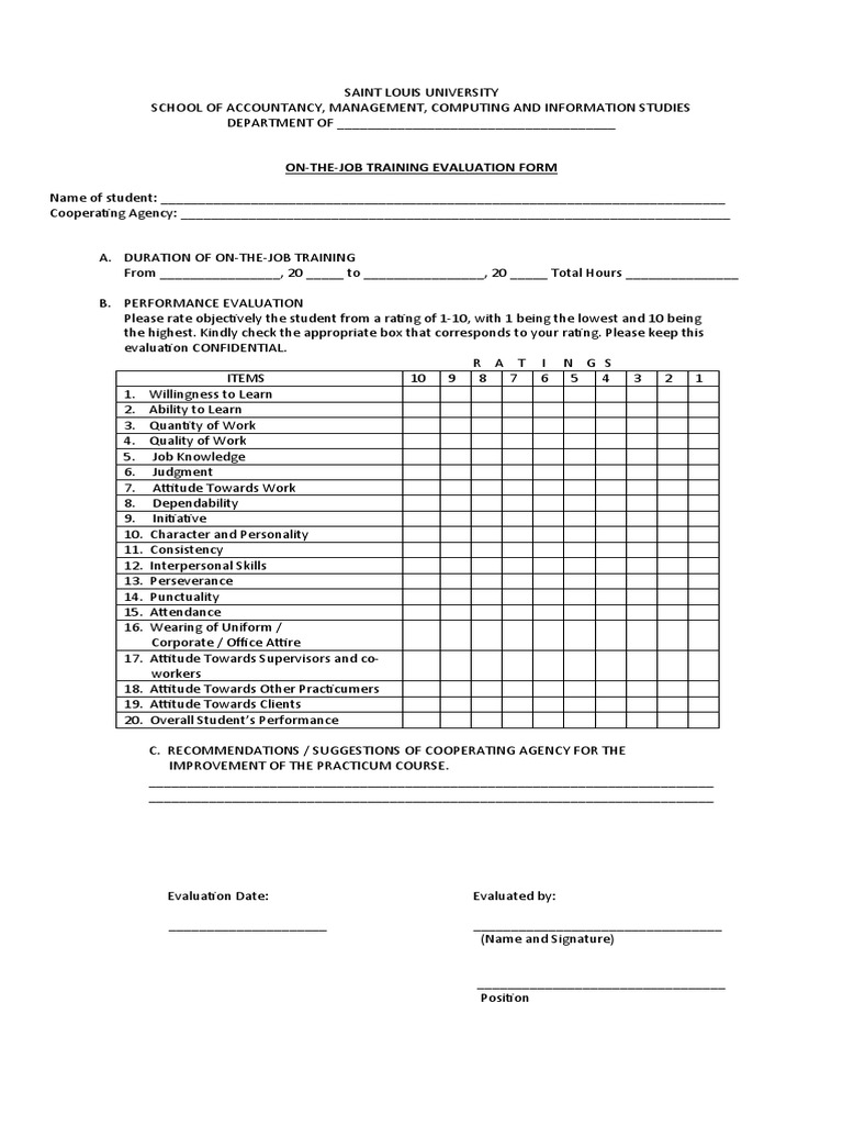 On-The-Job Training Evaluation Form | PDF | Evaluation | Behavioural ...