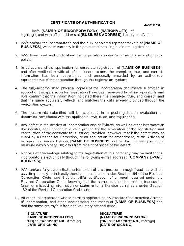 SEC - Certificate of Authentication | PDF | Virtue | Common Law