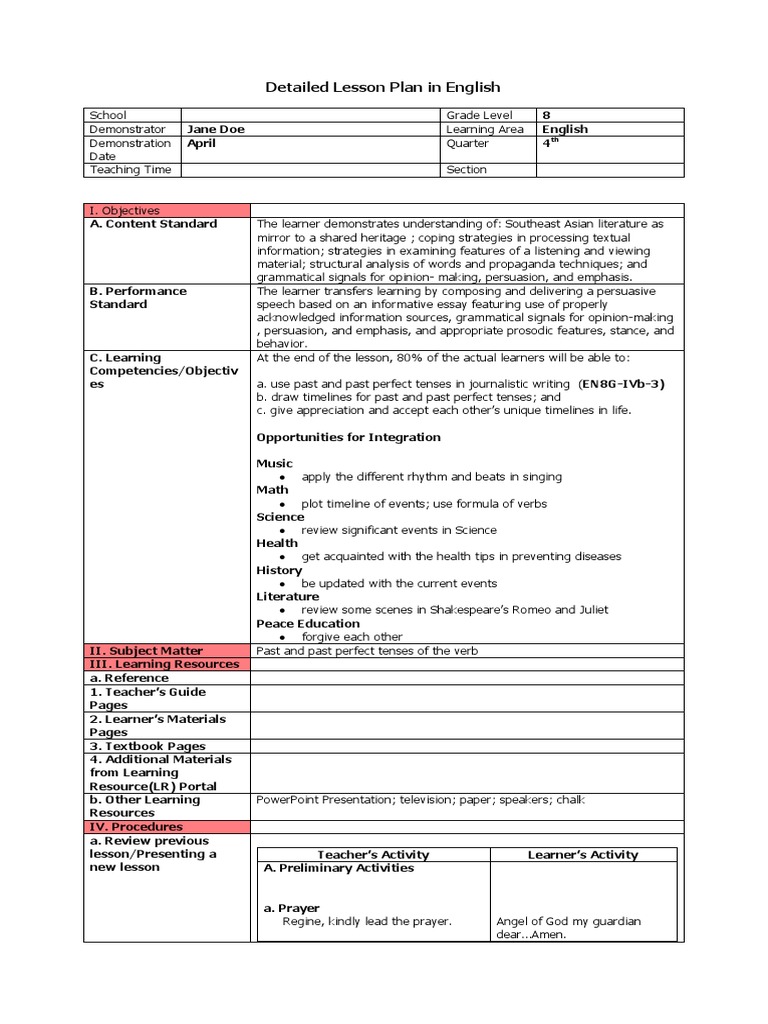 Lesson Plan Sample | PDF | Grammatical Tense | Perfect (Grammar)