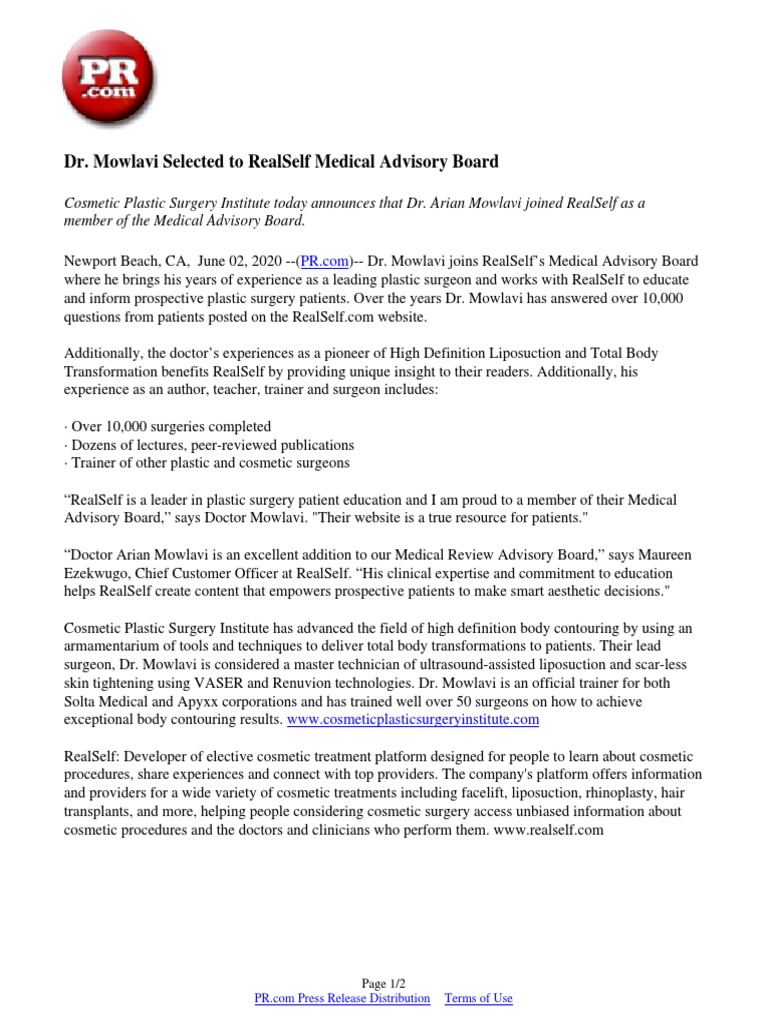 Dr. Mowlavi Joins RealSelf Board | PDF | Plastic Surgery | Surgery