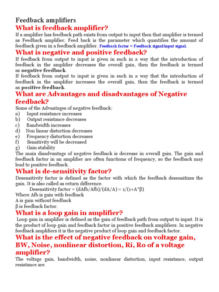 Feedback Amplifiers: Feedback Factor Feedback Signal/input Signal | Download Free PDF | Positive ...