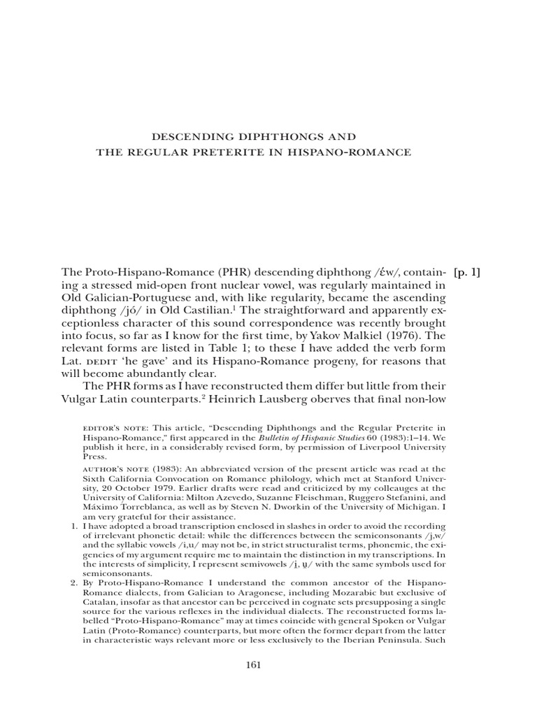 Descending Diphthongs and The Regular Preterite in Hispano-Romance ...