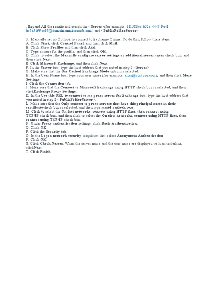 Manually set up Outlook to connect to Exchange Online | PDF