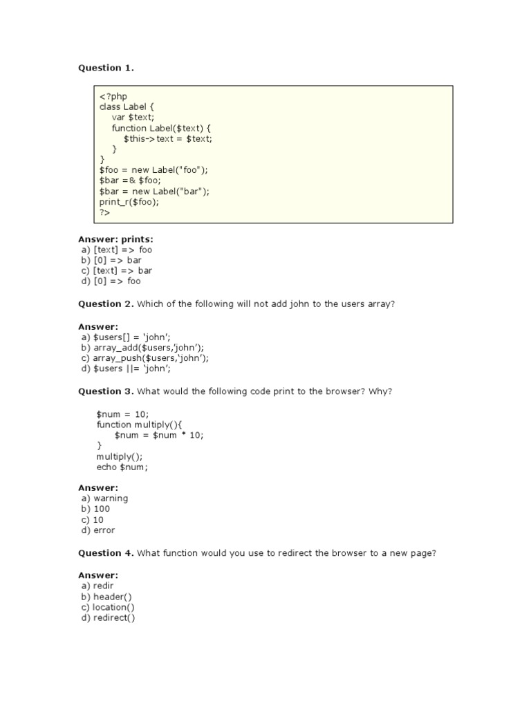 Php Question Pdf Php C Programming Language 7459