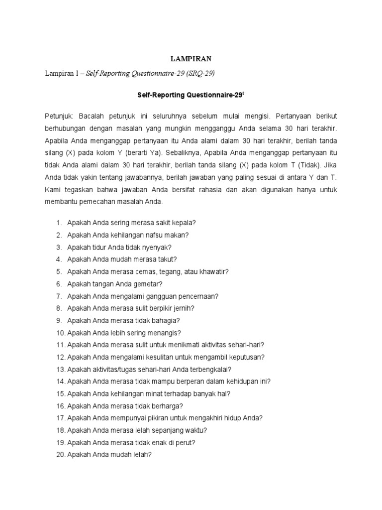 Self Reporting Questionnaire 29 (SRQ 29) | PDF