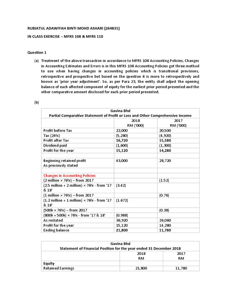 MFRS108 & MFRS110 - in Class Exercise | PDF | Equity (Finance) | Dividend