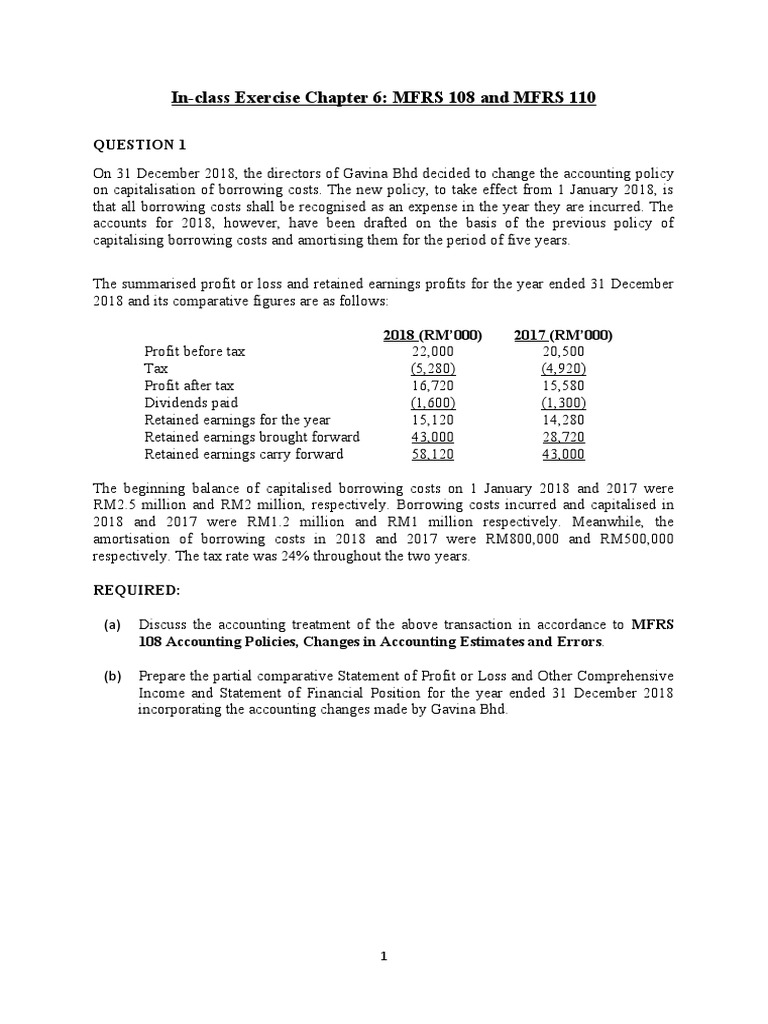 In-Class Exercise For Chapter 6-MFRS 108 and MFRS 110 | PDF | Retained ...