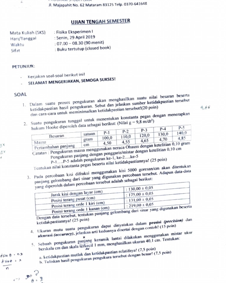 Soal Uts Fisika Eksperimen 1 2019 | PDF