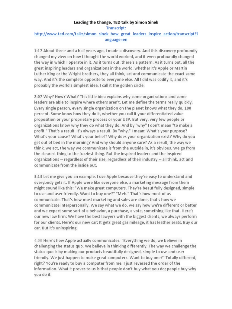 Transcript: Anguage En: Leading The Change, TED Talk by Simon Sinek ...