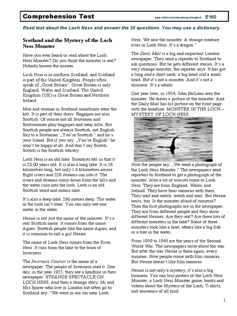 Comprehension Test: Scotland and The Mystery of The Loch Ness Monster ...