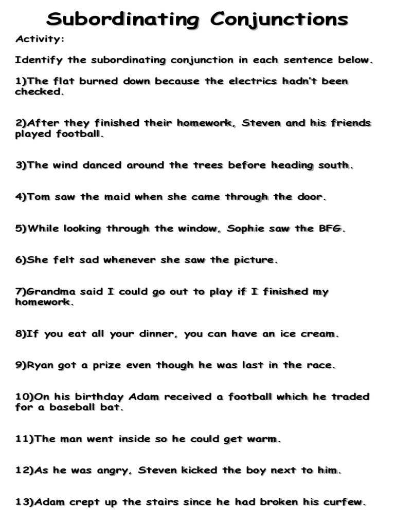 Subordinating Conjunctions Worksheet PDF | PDF