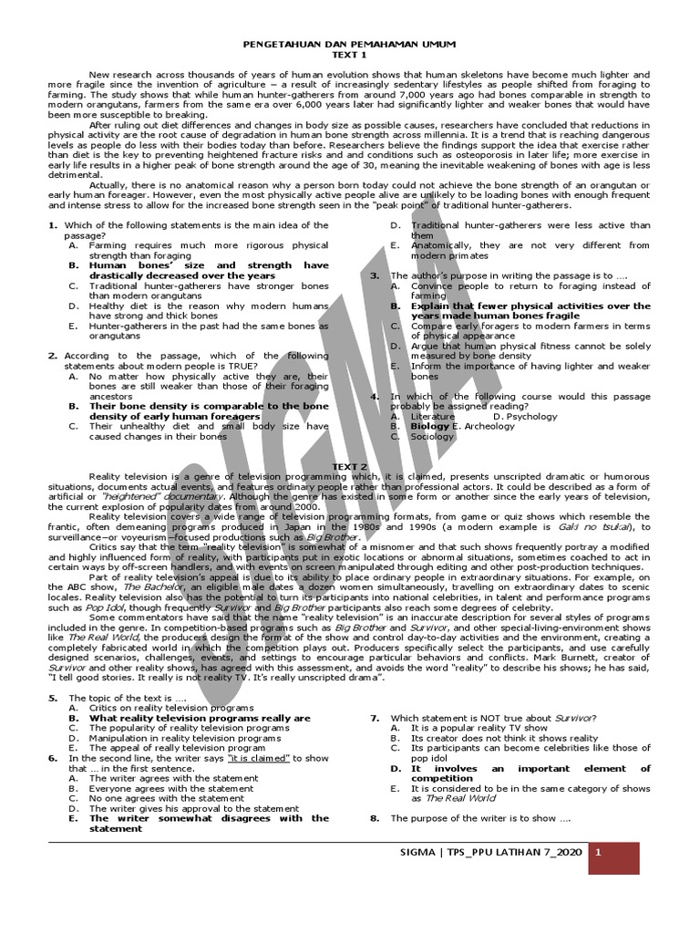 Sigma - Tps - Ppu Latihan 7 - 2020 | PDF | Reality Television | Hunter Gatherer