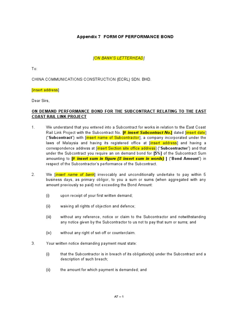 Appendix 7 Form of Performance Bond: (On Bank'S Letterhead) | PDF | Bonds (Finance ...