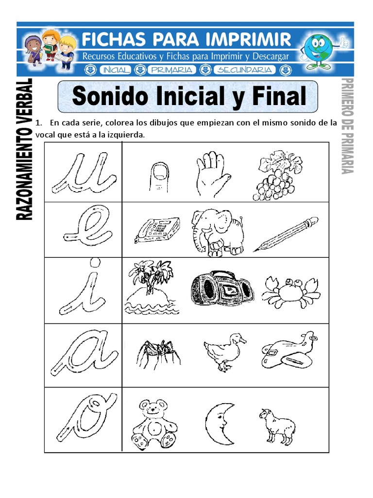 Ficha de Sonido Inicial y Final para Primero de Primaria | PDF