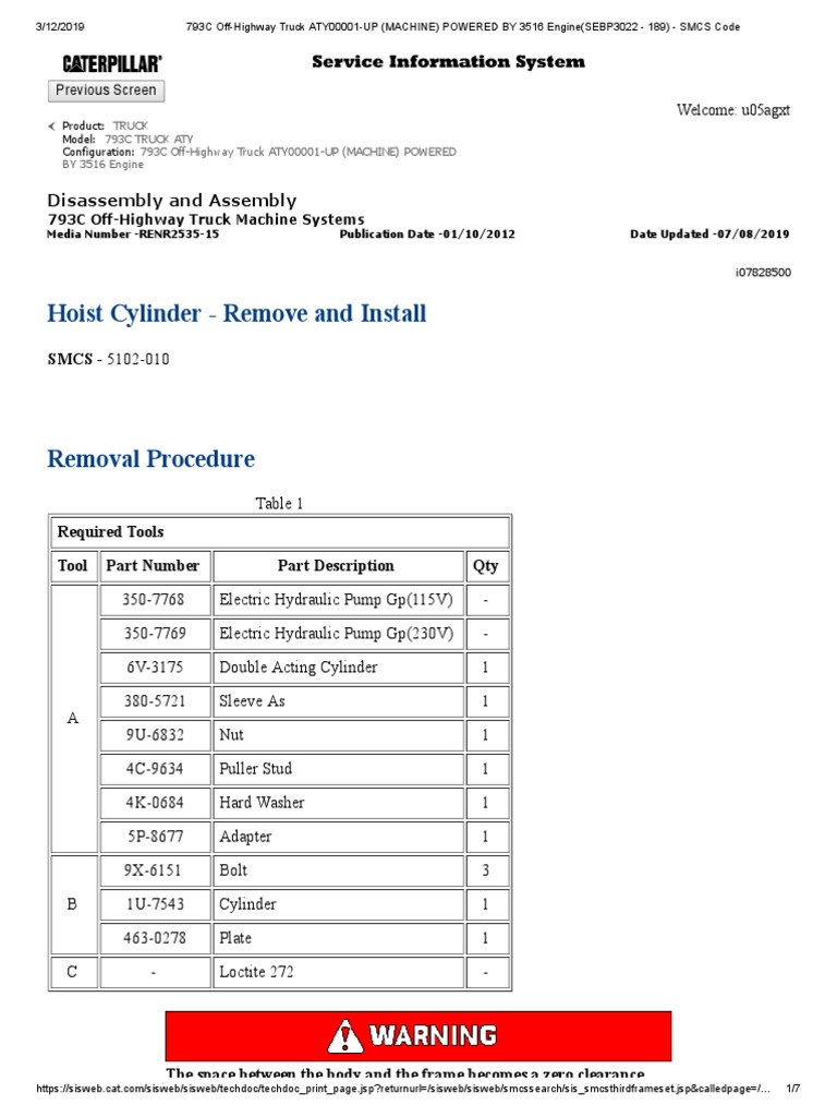 793C - ATY - Hoist Cylinder - Remove and Install | PDF | Truck | Engines