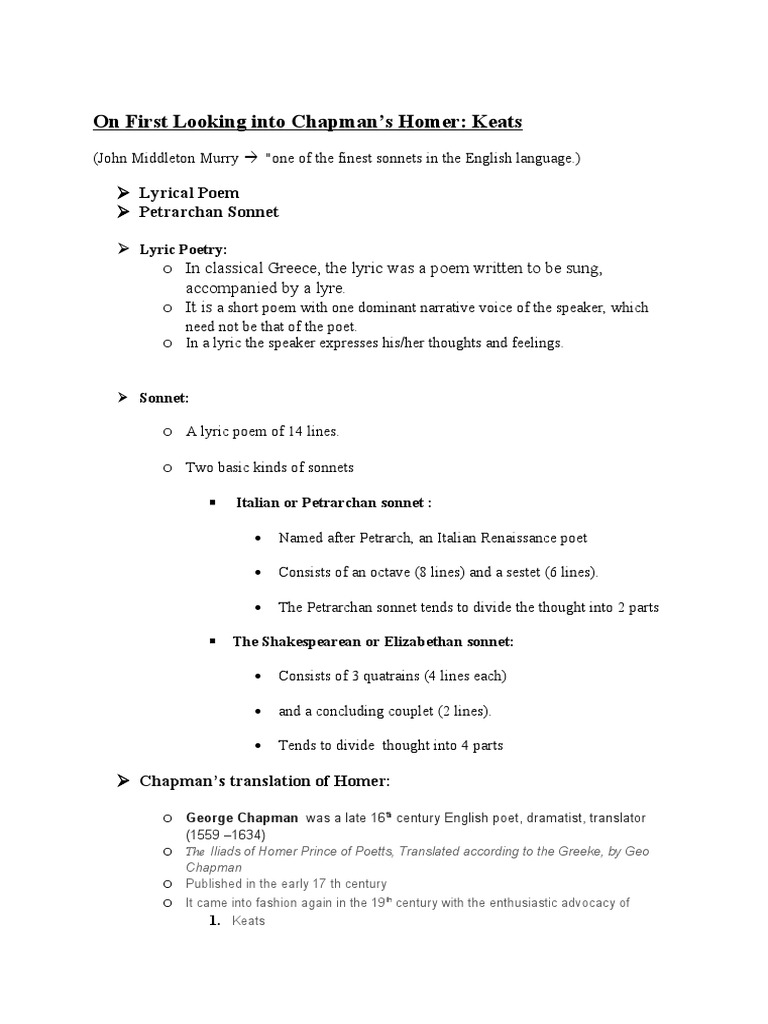 On First Looking Into Chapman's Homer: Keats | PDF