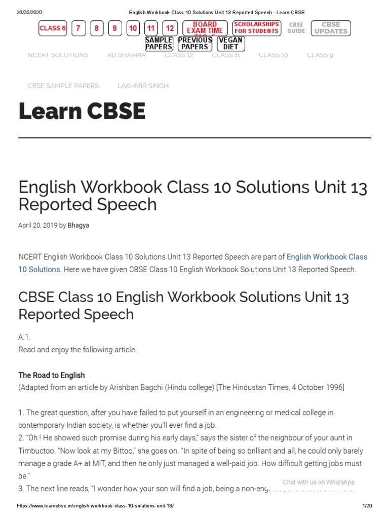 English Workbook Class 10 Solutions Unit 13 Reported Speech - Learn ...