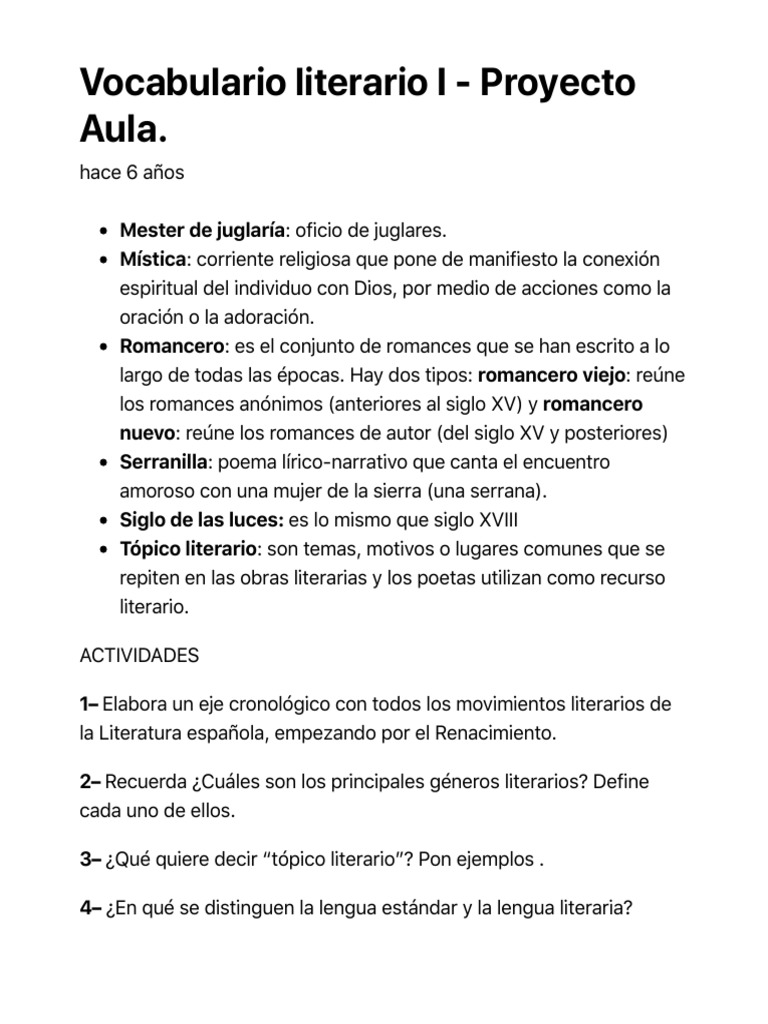 Vocabulario Literario I - Proyecto Aula. | PDF