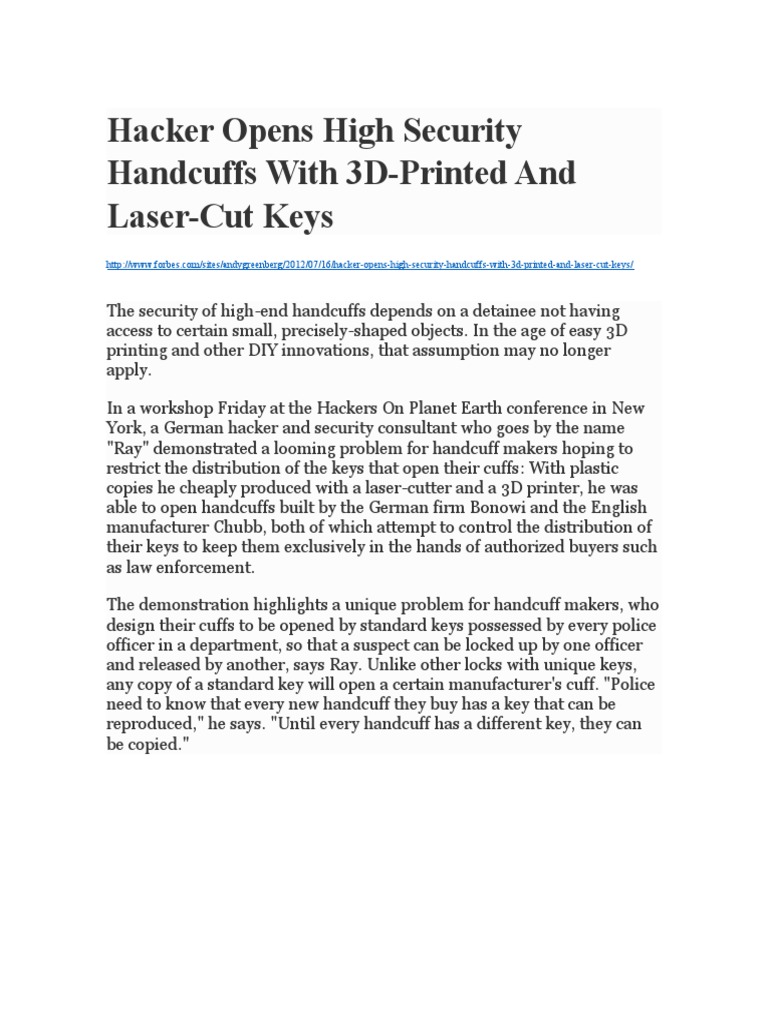 Hacker Opens High Security Handcuffs With 3D | PDF | Handcuffs | 3 D Printing