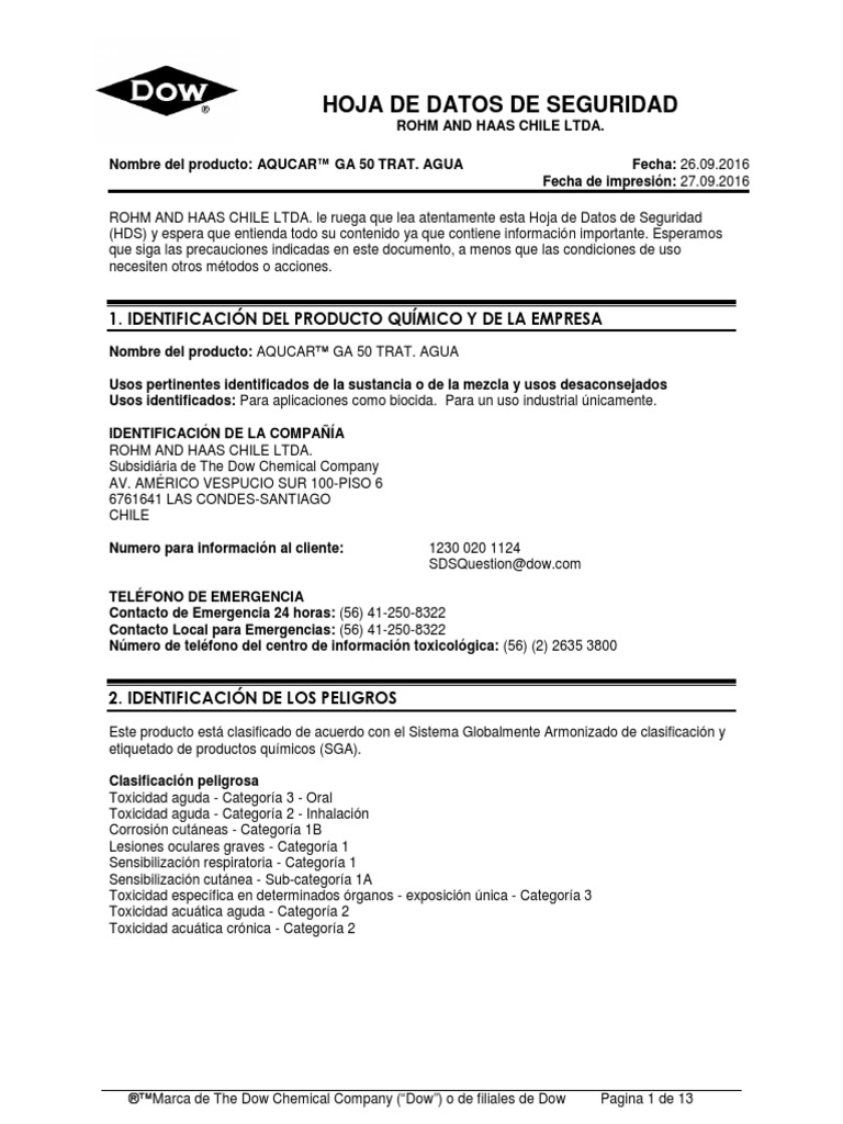 MSDS Ga 50 Aqucar | PDF | Asma | Alergia