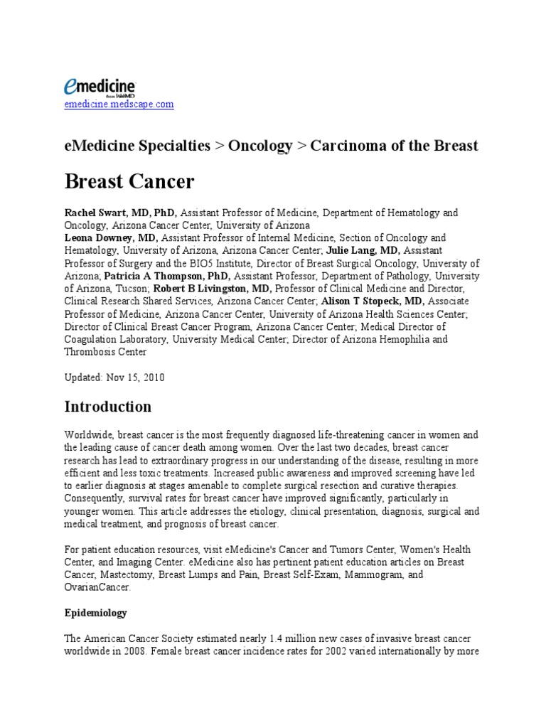 Breast Cancer: Emedicine Specialties Oncology Carcinoma of The Breast ...