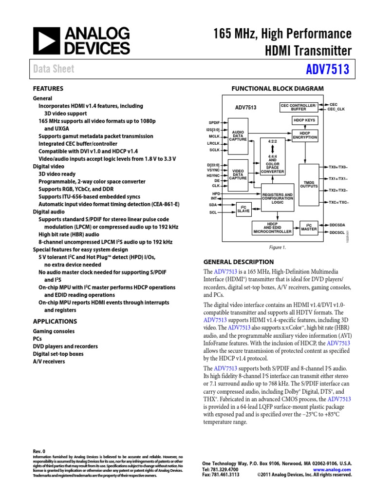 165 MHZ, High Performance Hdmi Transmitter: Data Sheet | PDF | Hdmi | Video