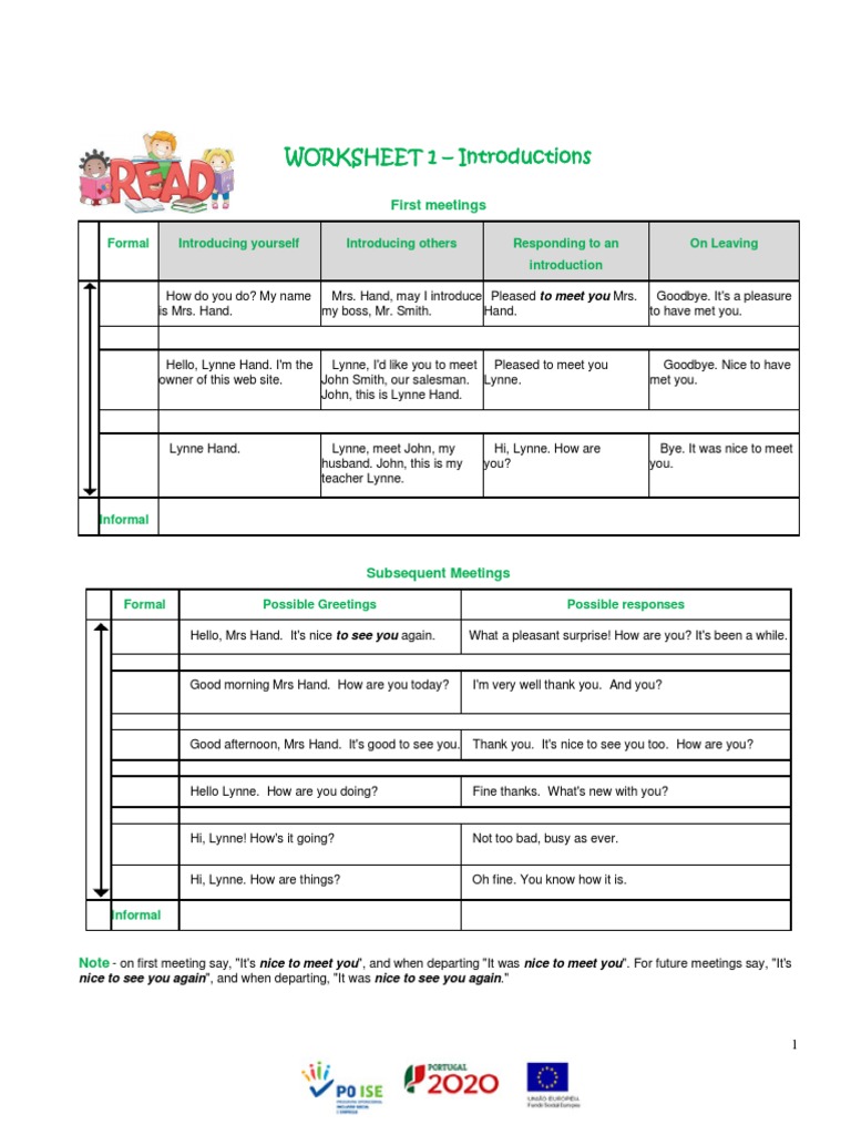 WORKSHEET 1 - Introductions: First Meetings | PDF