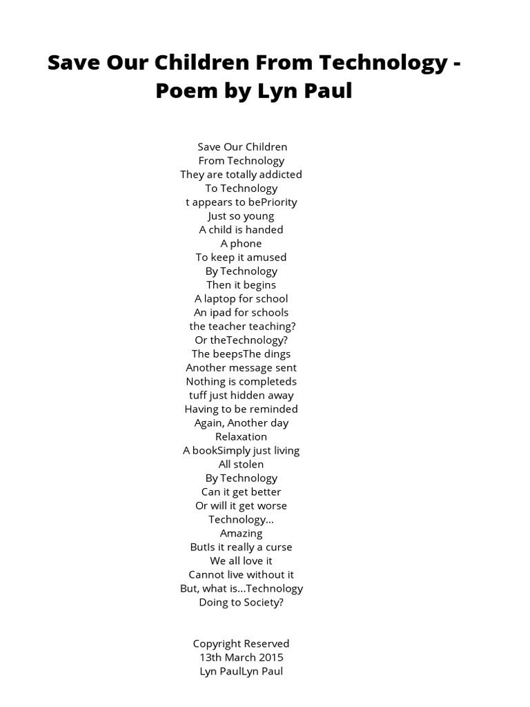 Save Our Children From Technology - Poem by Lyn Paul | PDF