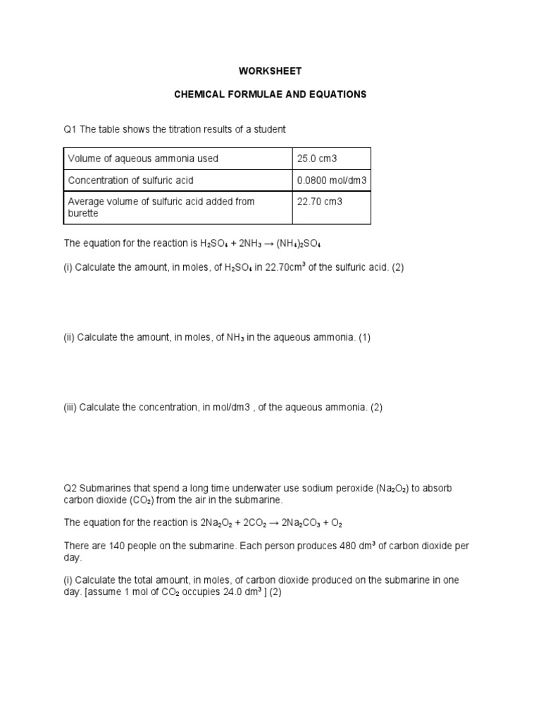 WORKSHEET - Chemical Formulae and Equations | PDF | Mole (Unit ...
