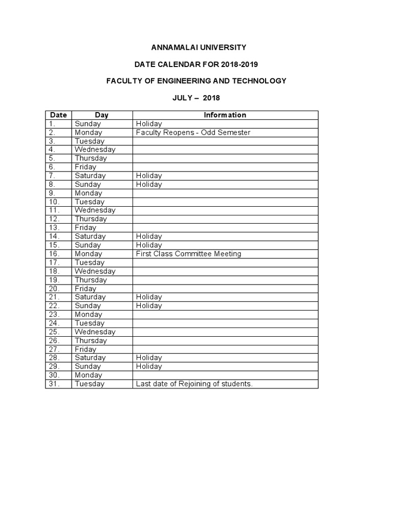 Annamalai University 2018-2019 Academic Calendar for the Faculty of ...