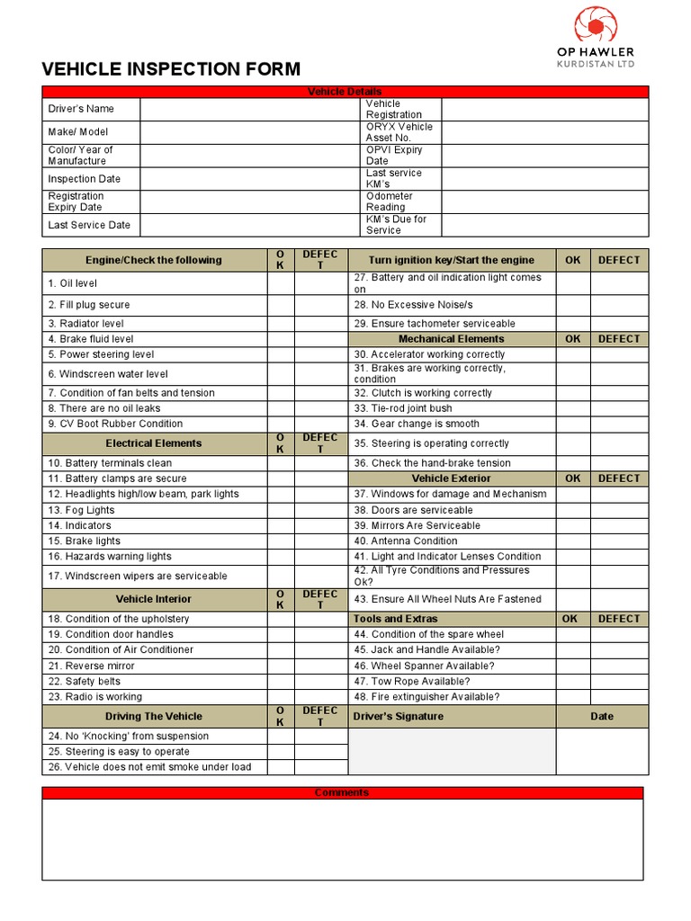 Vehicle Inspection Checklist Form | PDF | Vehicles | Steering