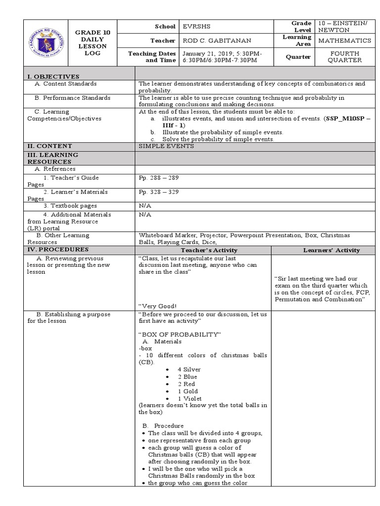Grade 10 Daily Lesson LOG School EVRSHS Grade Level Teacher Rod C ...