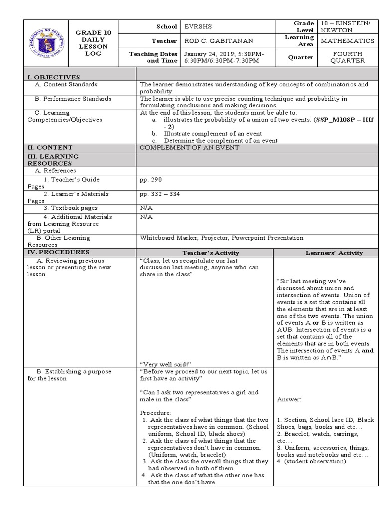 Grade 10 Daily Lesson LOG School EVRSHS Grade Level Teacher Rod C. Gabitanan Learning Area ...
