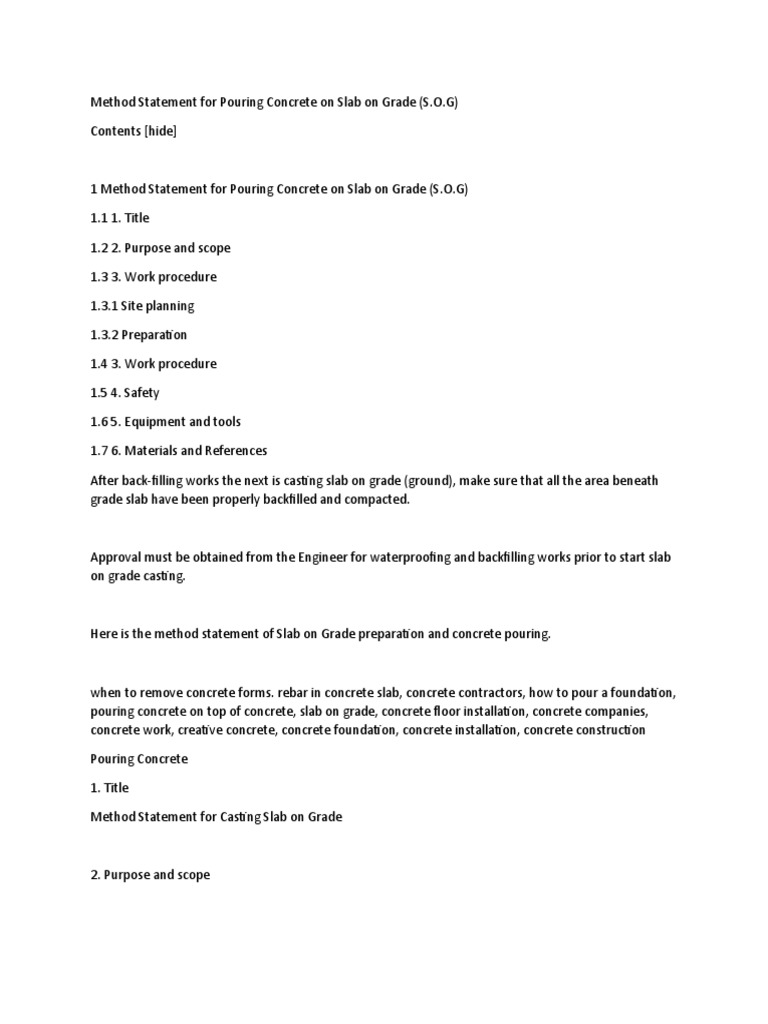 WMS (Method Statement For Pouring Concrete On Slab On Grade) | PDF ...