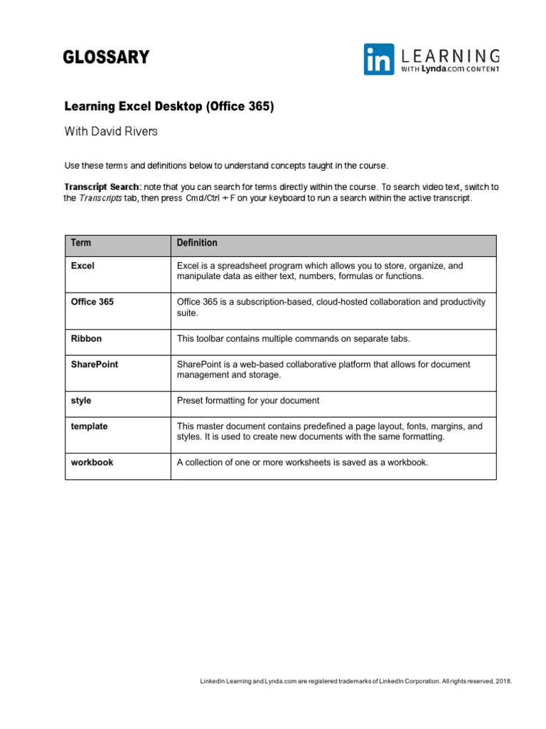 Glossary Learning Excel Desktop Office 365 PDF | PDF | Art | Computers