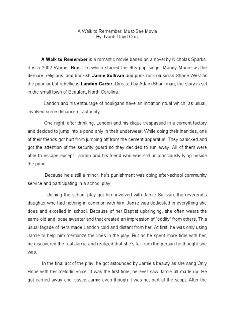 A Walk To Remember Is A Romantic Movie Based On A Novel by Nicholas ...