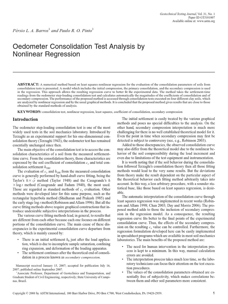 Oedometer Consolidation Test Analysis by Nonlinear Regression | PDF ...