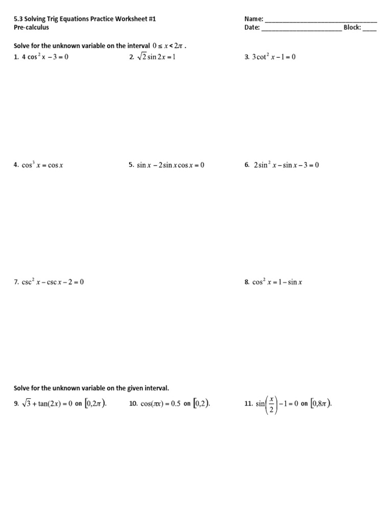 Trig Equations Practice Worksheet | PDF | Mathematical Relations ...