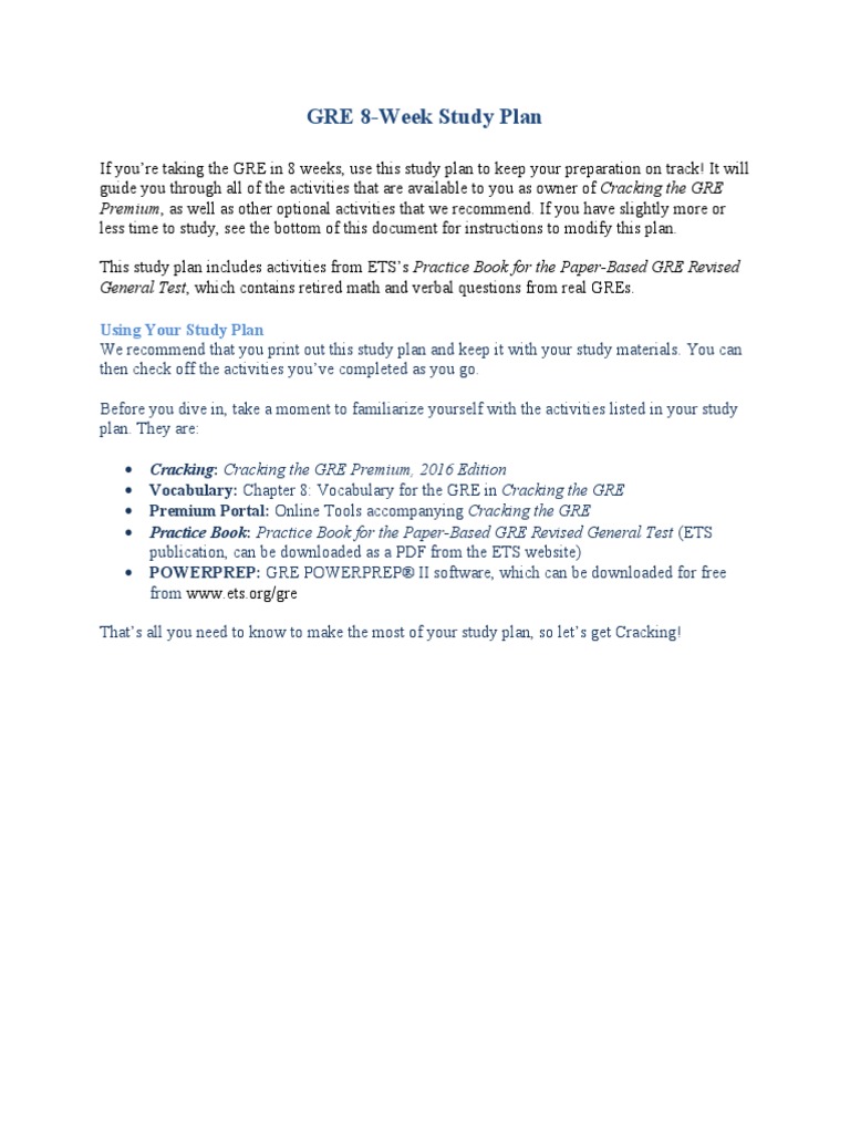 GRE 8-Week Study Plan: Premium, As Well As Other Optional Activities ...