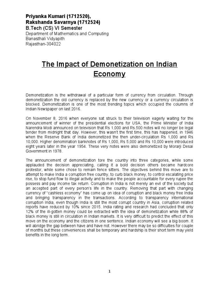 The Impact of Demonetization On Indian Economy | PDF | Legal Tender ...