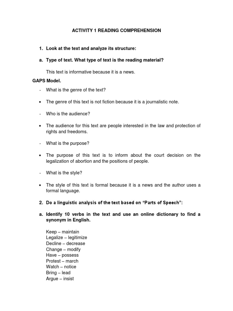 Activity 1 Reading Comprehension | PDF | Part Of Speech | English Language
