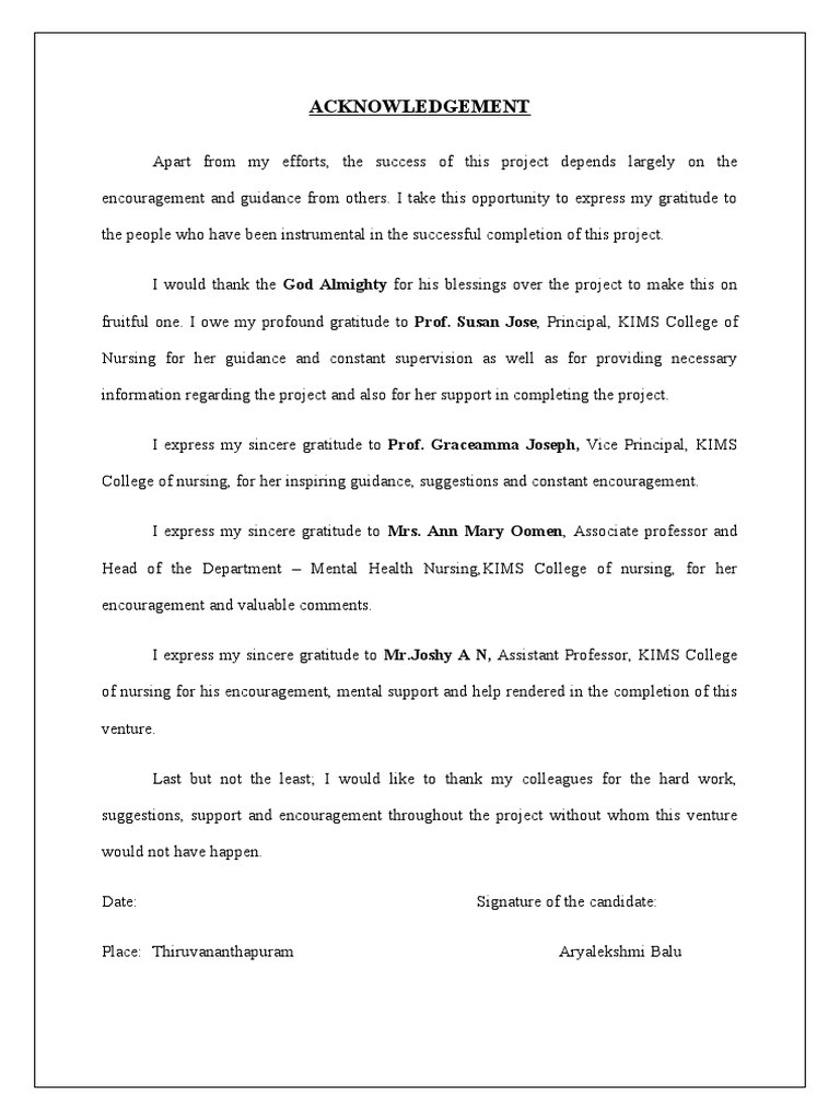 ACKNOWLEDGEMENT | PDF | Psychiatric And Mental Health Nursing | Psychiatry