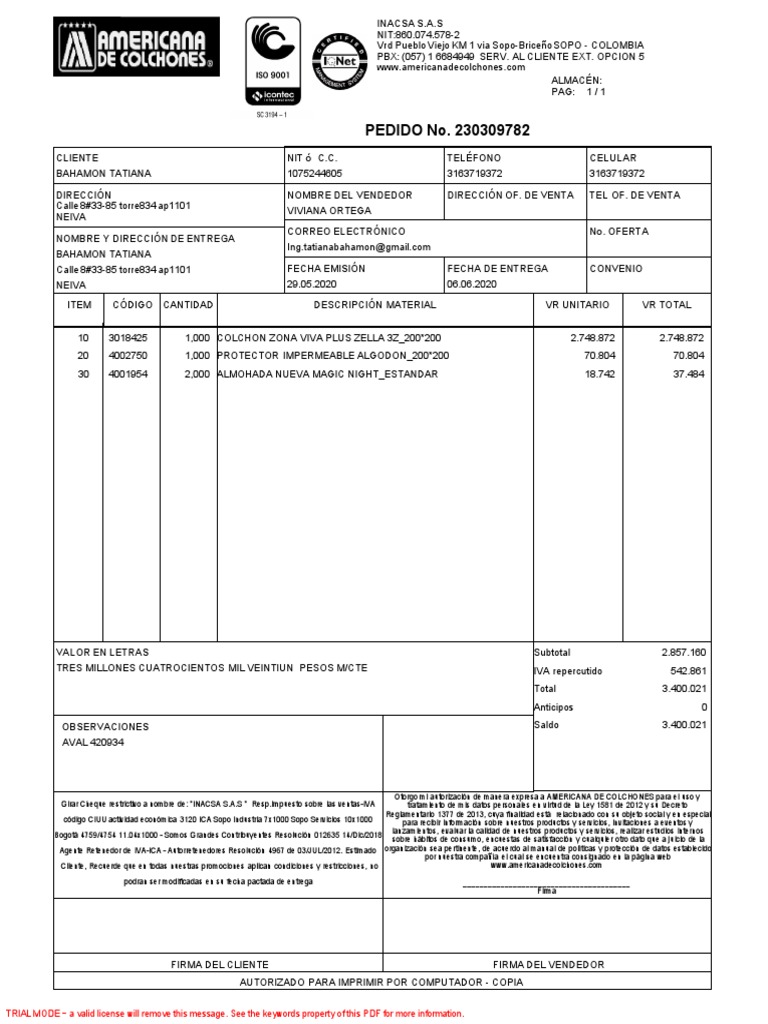 Factura de Venta INACSA S.A.S - Colchones | PDF | Business | Science
