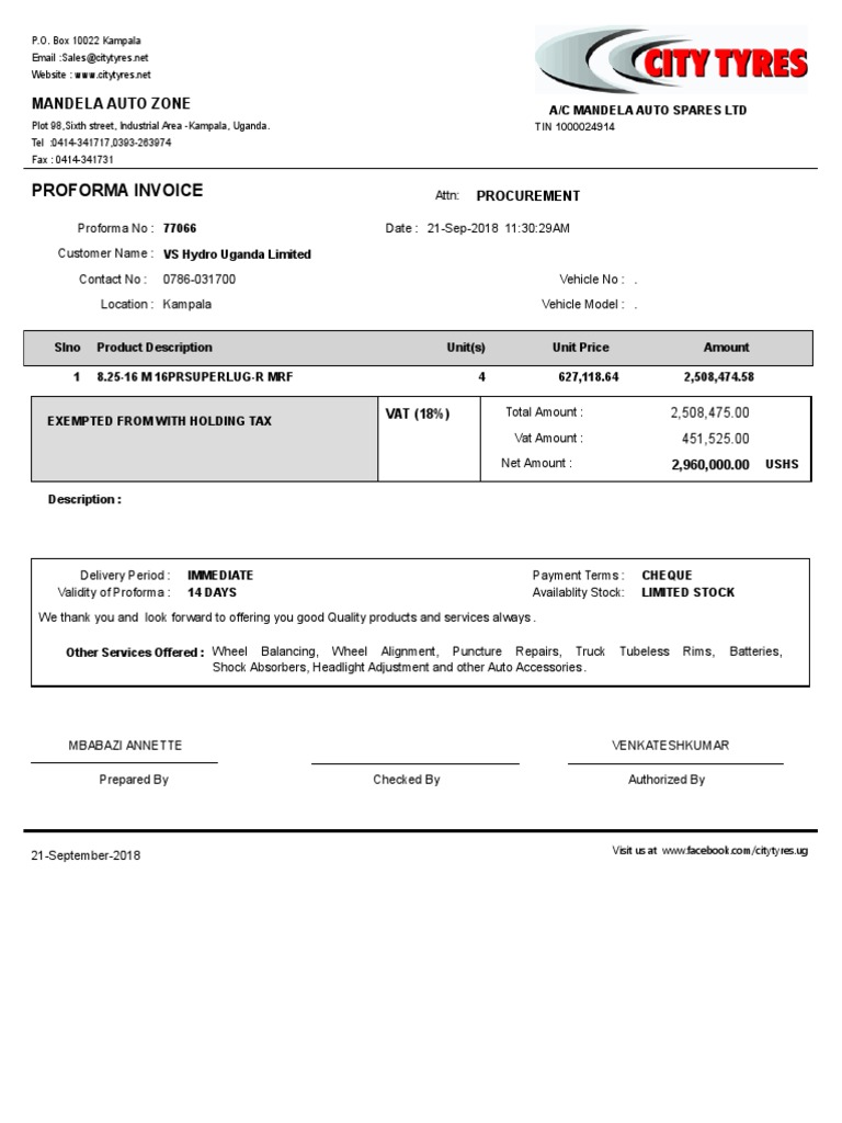 Proforma Invoice from Mandela Auto Zone for 8.25-16 M 16PRSUPERLUG-R ...