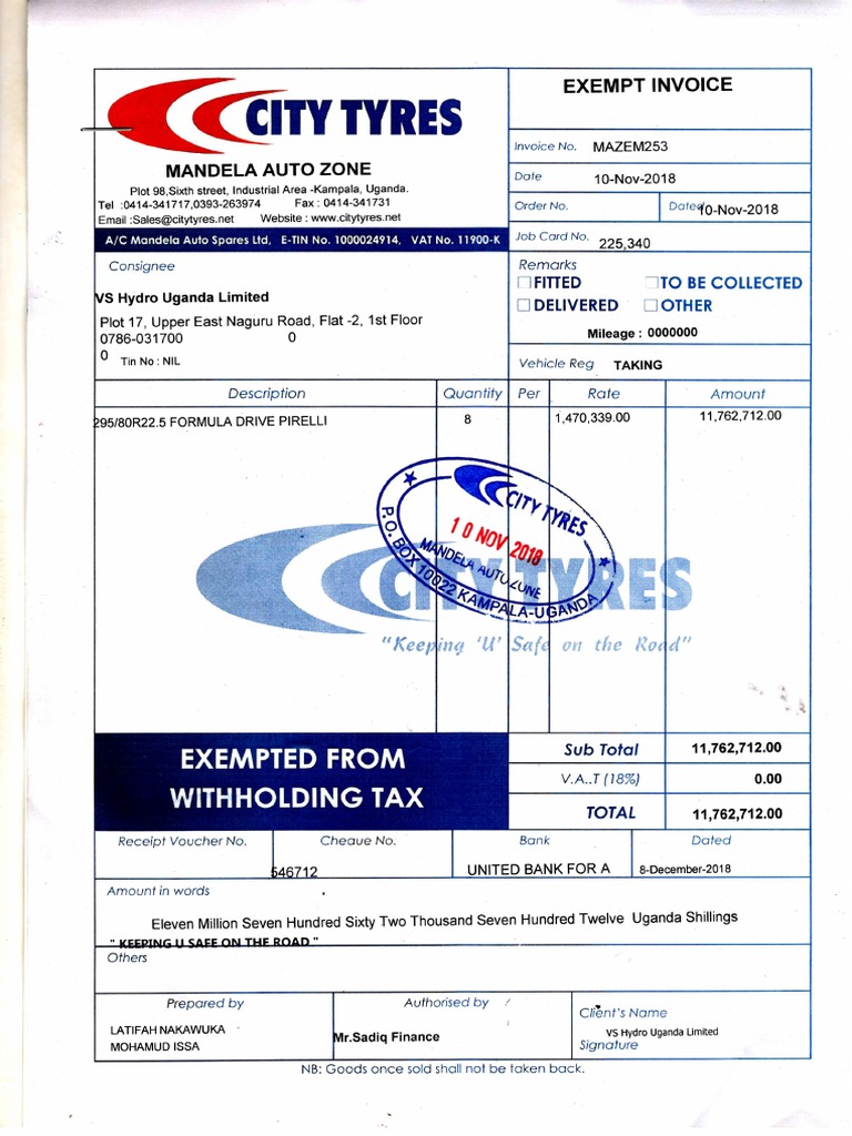 Invoice For Tyres For Nyam PDF | PDF