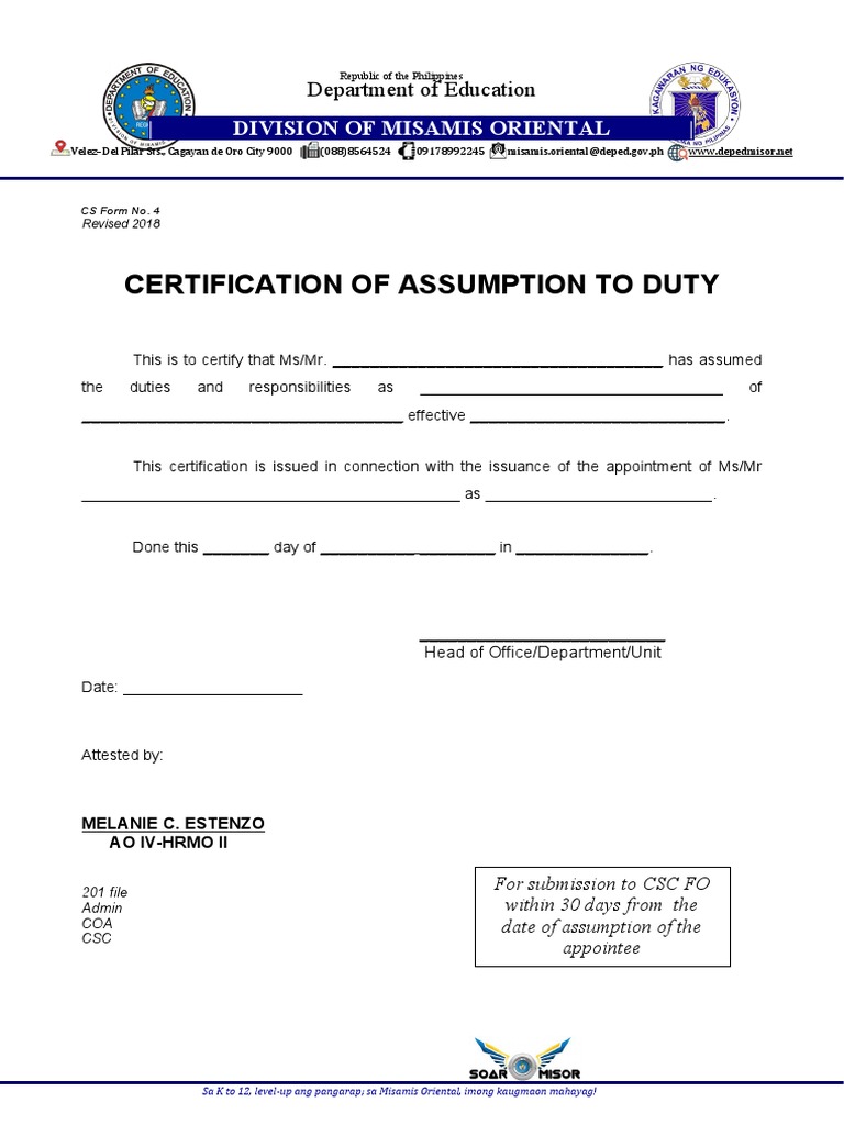 CS Form No. 4 Certification of Assumption To Duty - Edited | PDF