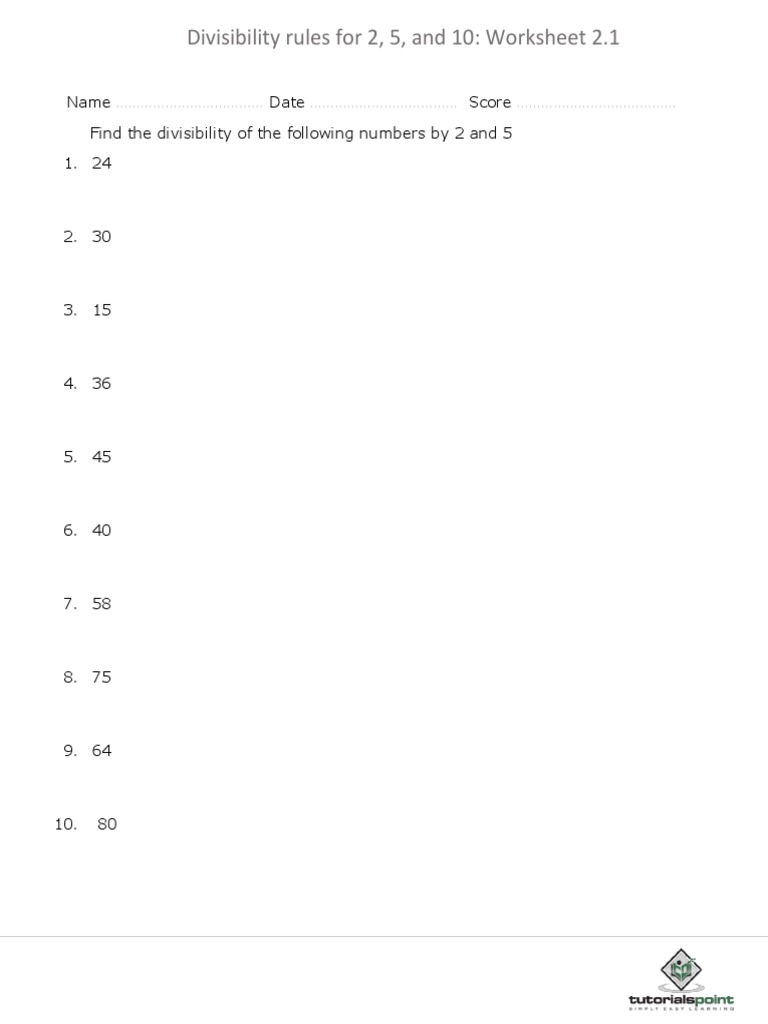 Divisibility Worksheet for 2, 5, and 10 | PDF