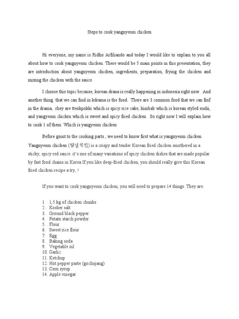 How To Cook Yangnyeom Chicken Script | PDF | Foods | Cuisine